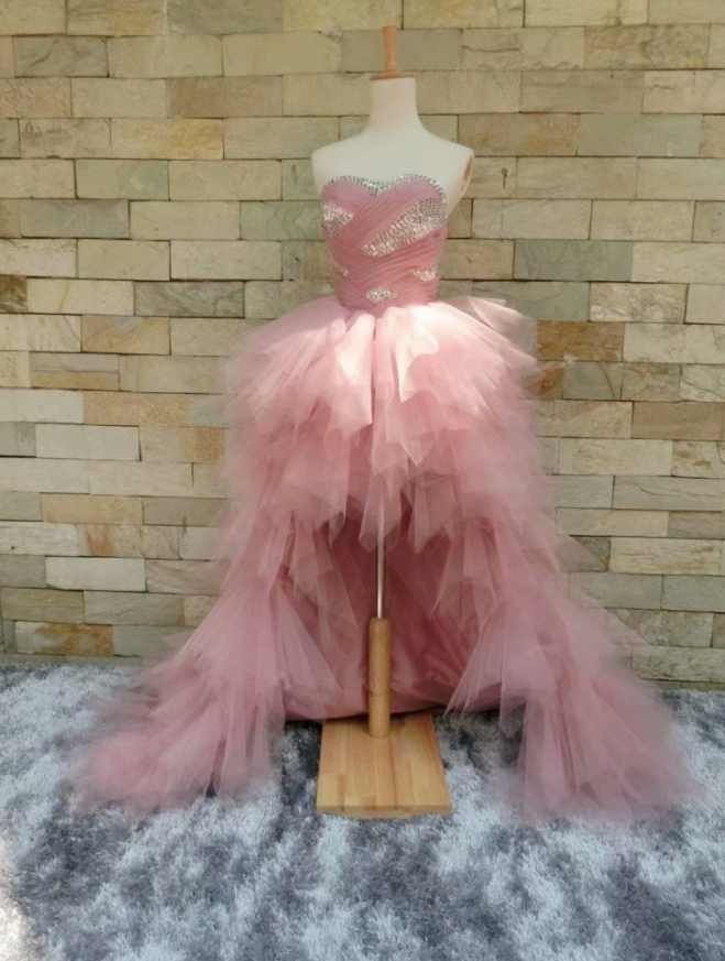 Princess Tulle Pink High Low Prom Dress Long Strapless With ...