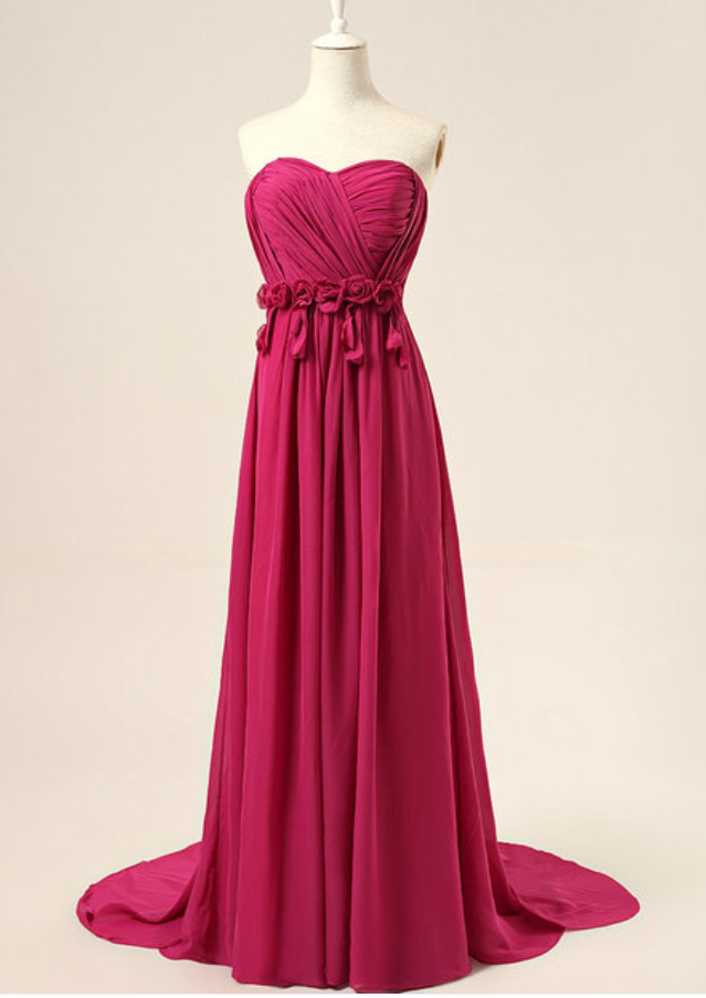 Simple Chiffon Fuchsia Prom Dress Long Strapless With Handmade Flowers ...